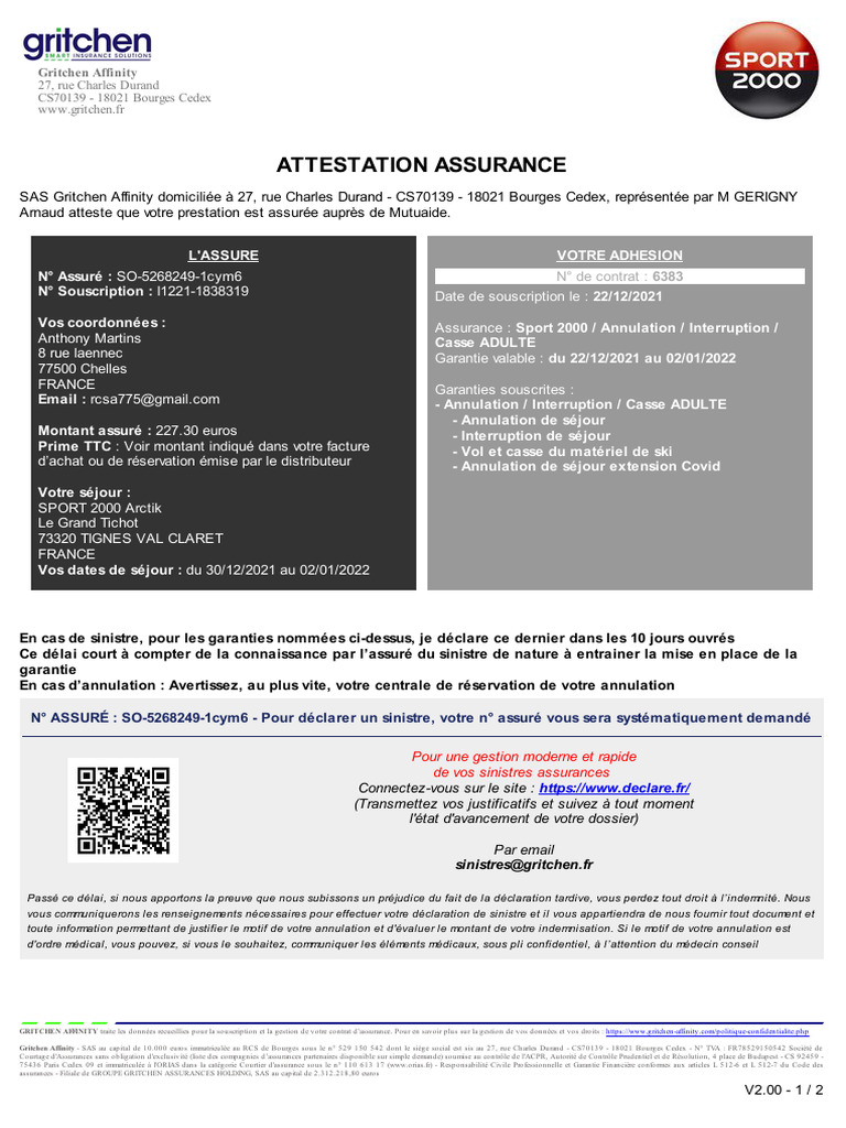 Attestation d'Assurance Gritchen | PDF | Assurance | Courtier