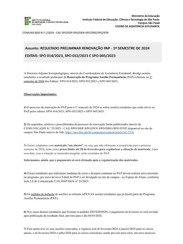 Resultado Preliminar PAP 2024 - IFSP | PDF
