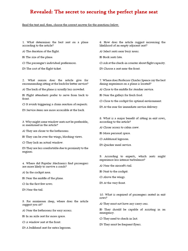 Reading Comprehension 2024 Multiple Choice | PDF | Flight Attendant ...