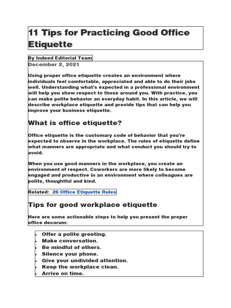 11 Tips For Practicing Good Office Etiquette | Download Free PDF | Body ...