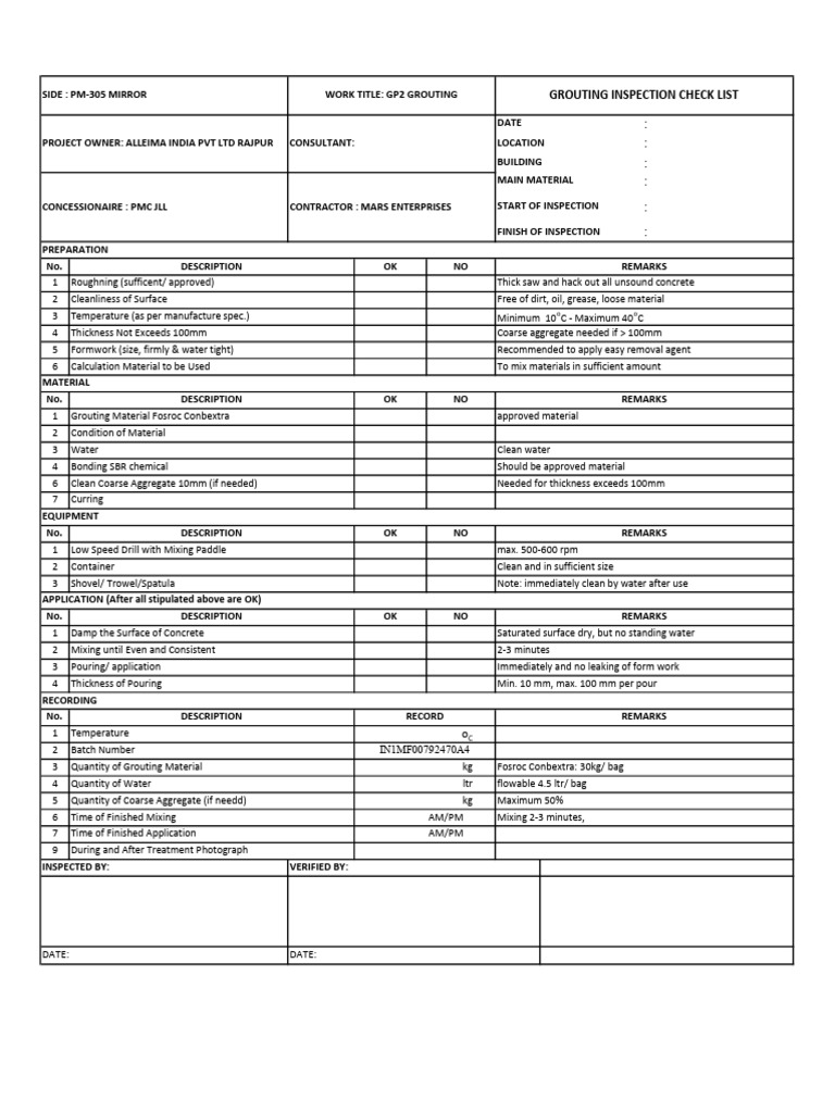 Grouting-Checklist | PDF | Concrete | Civil Engineering