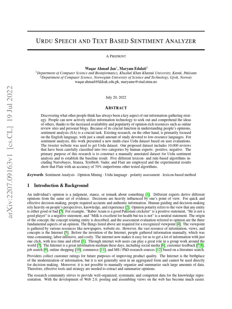 U S T B S A: RDU Peech and EXT Ased Entiment Nalyzer | PDF | Speech ...