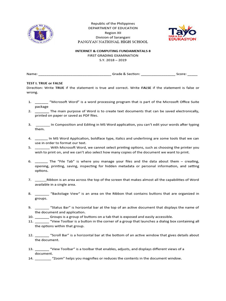 Grade 8 First Grading Exam | PDF | Microsoft Word | File Format