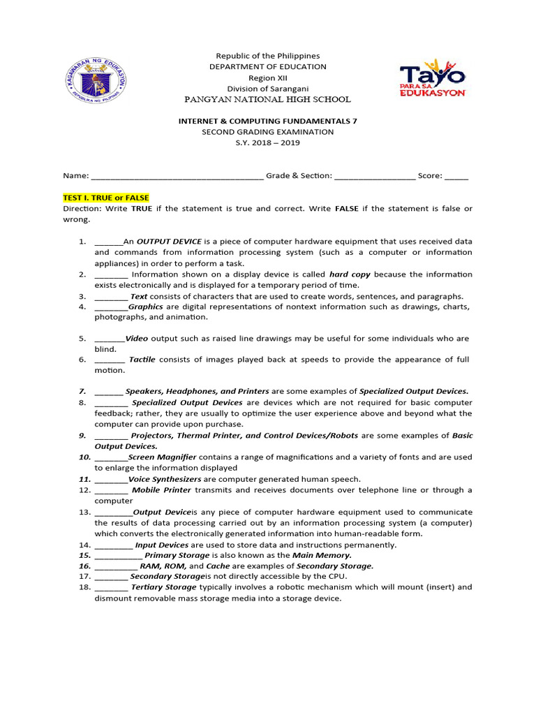 GRADE 7 SECOND GRADING EXAM | PDF | Computer Data Storage | Byte