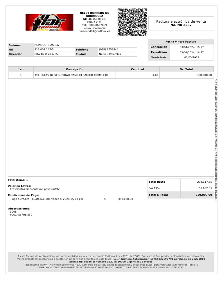 Factura Electrónica Venta NB 2237 | PDF