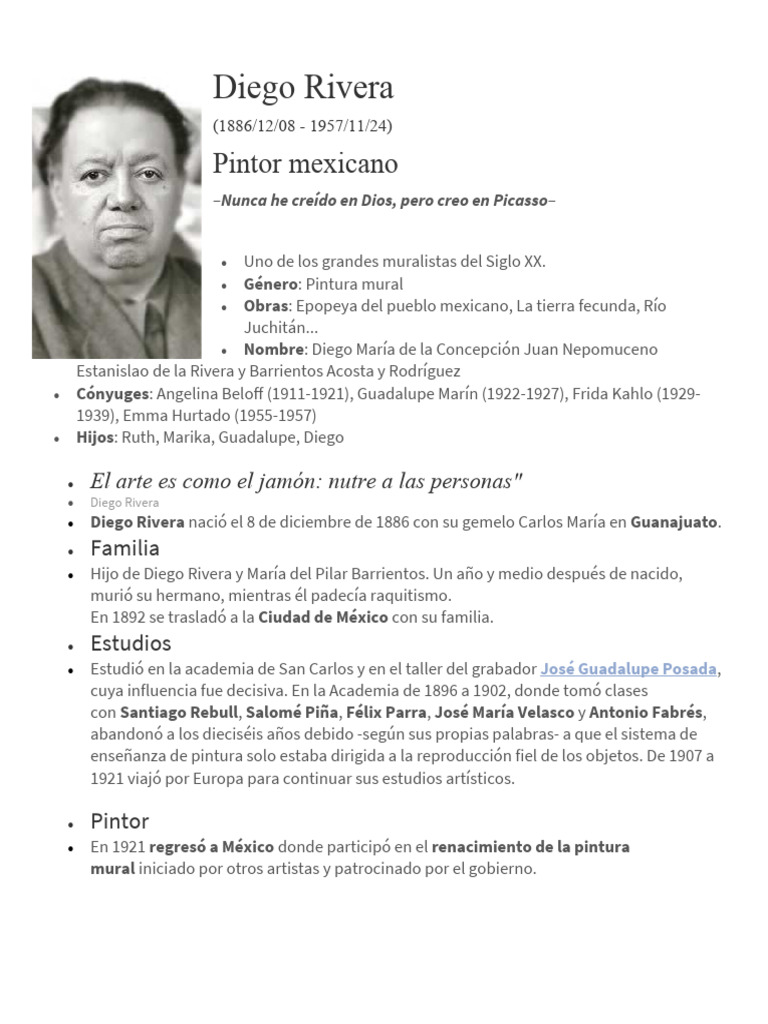 Biografía de Diego Rivera: Vida y Obras | PDF