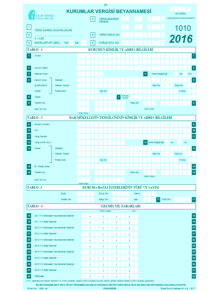 Kurumlar Vergisi Beyannamesi | PDF