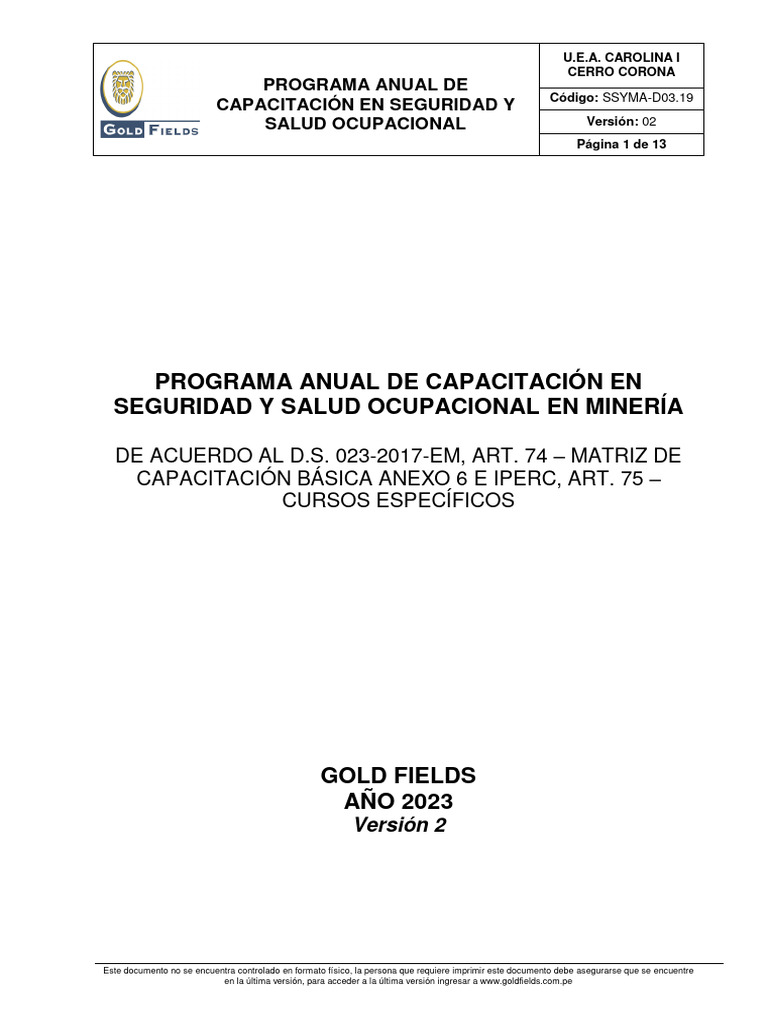 SSYMA D03.19 Programa de Capacitacion en SSO - V02 2023 | PDF | Seguridad y salud ocupacional ...