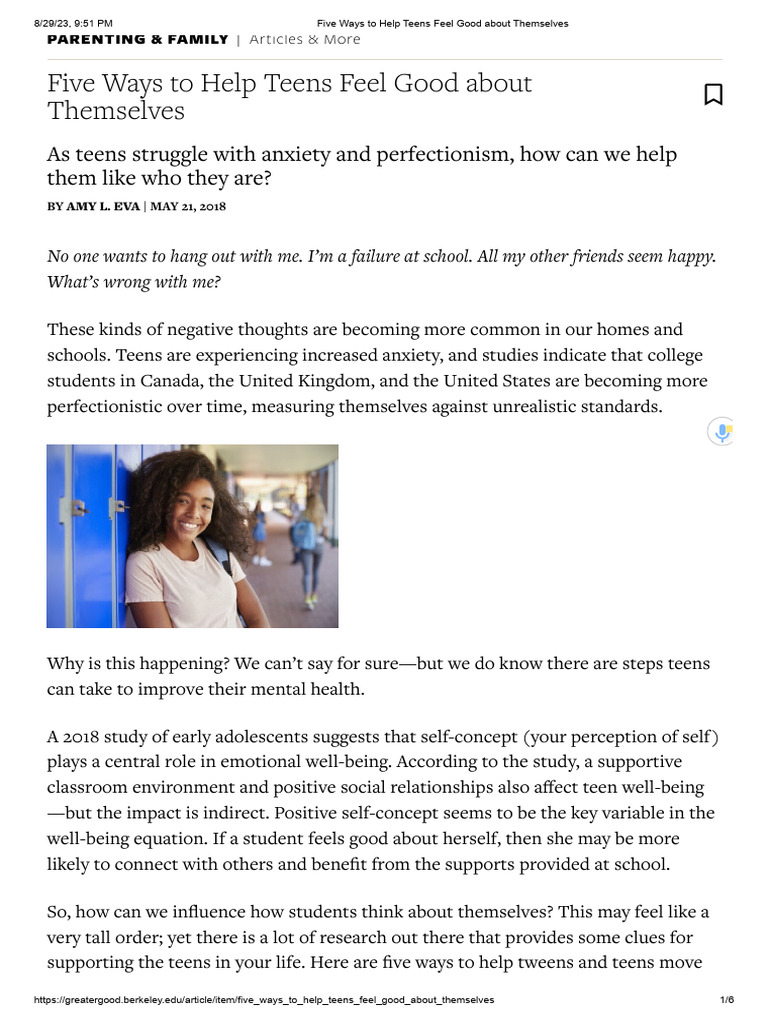 Five Ways To Help Teens Feel Good About Themselves Pdf Adolescence