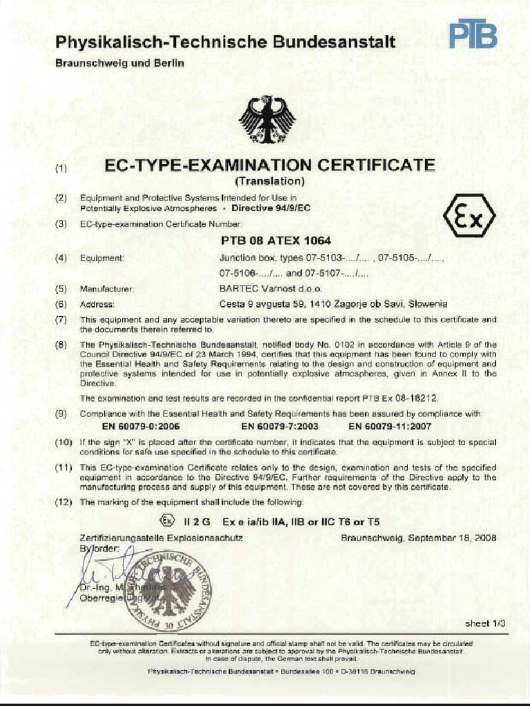 Certificate BARTEC JB GRP - PTB - 08 - ATEX - 1064 | PDF