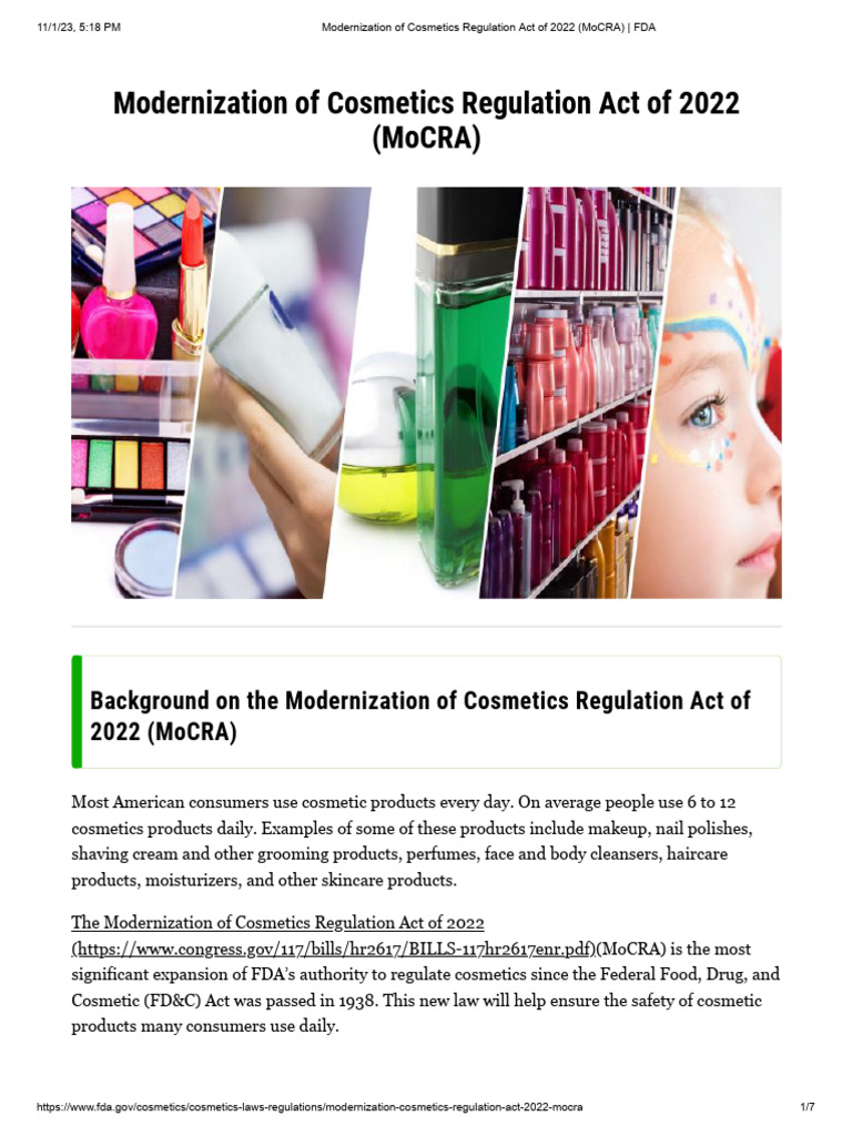 Modernization of Cosmetics Regulation Act of 2022 (MoCRA) - FDA | PDF ...