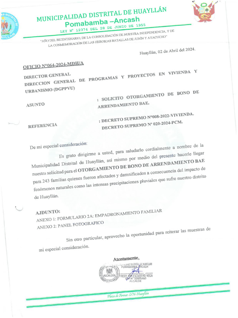 Oficio N°064-2024-Mdh | PDF