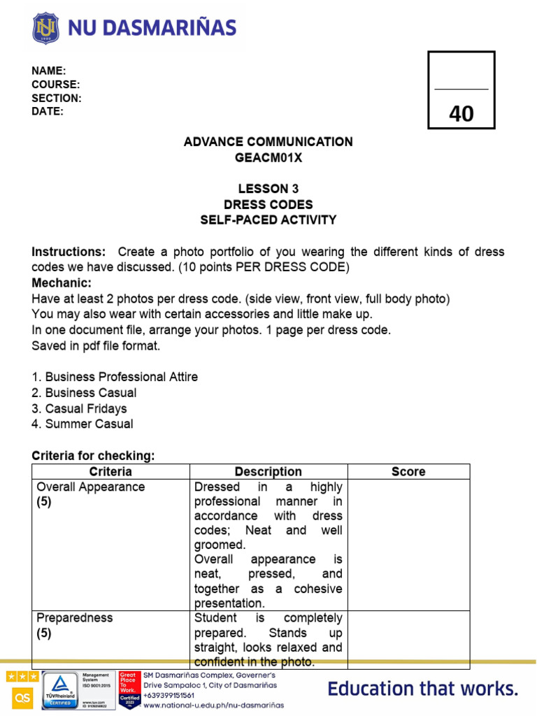 Lesson 3 - Dress Codes - Activity | PDF