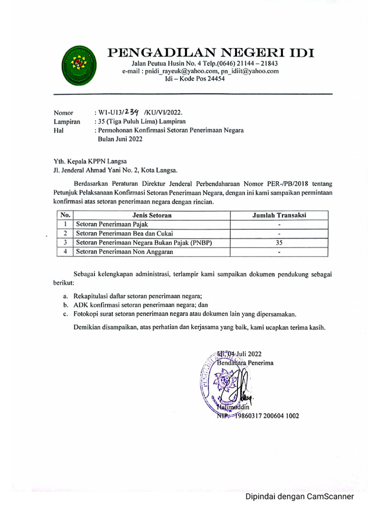 Surat Permohonan Konfirmasi Setoran PNBP Juni 2022 | PDF