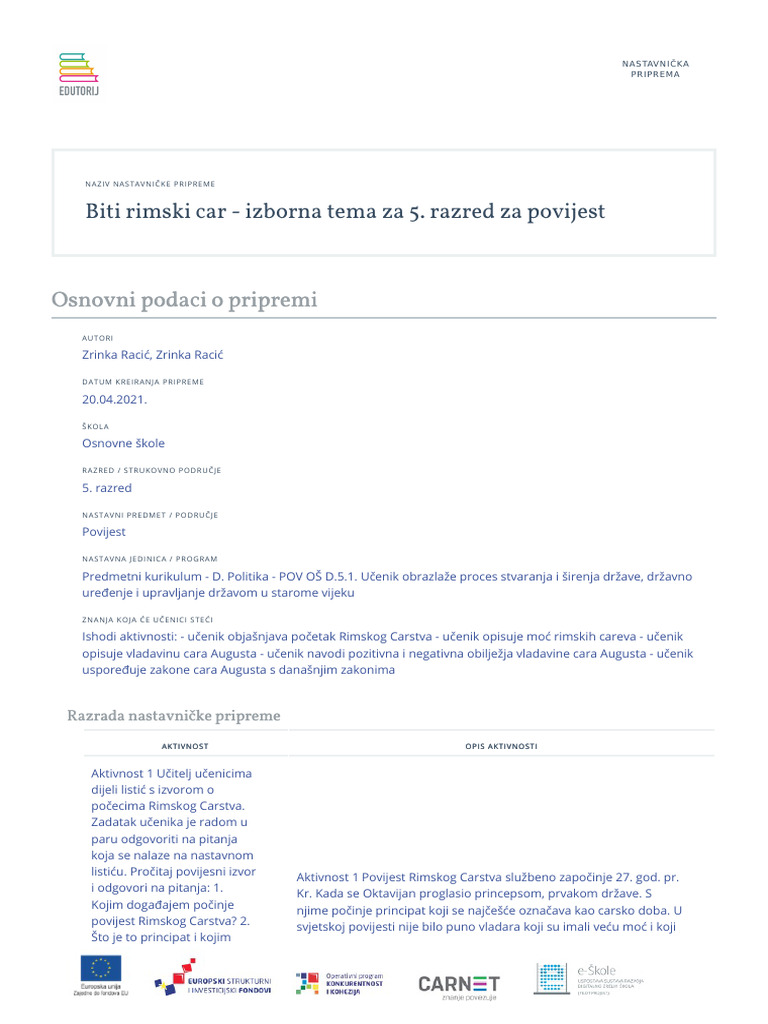 Biti Rimski Car - Izborna Tema Za 5. Razred Za Povijest | PDF