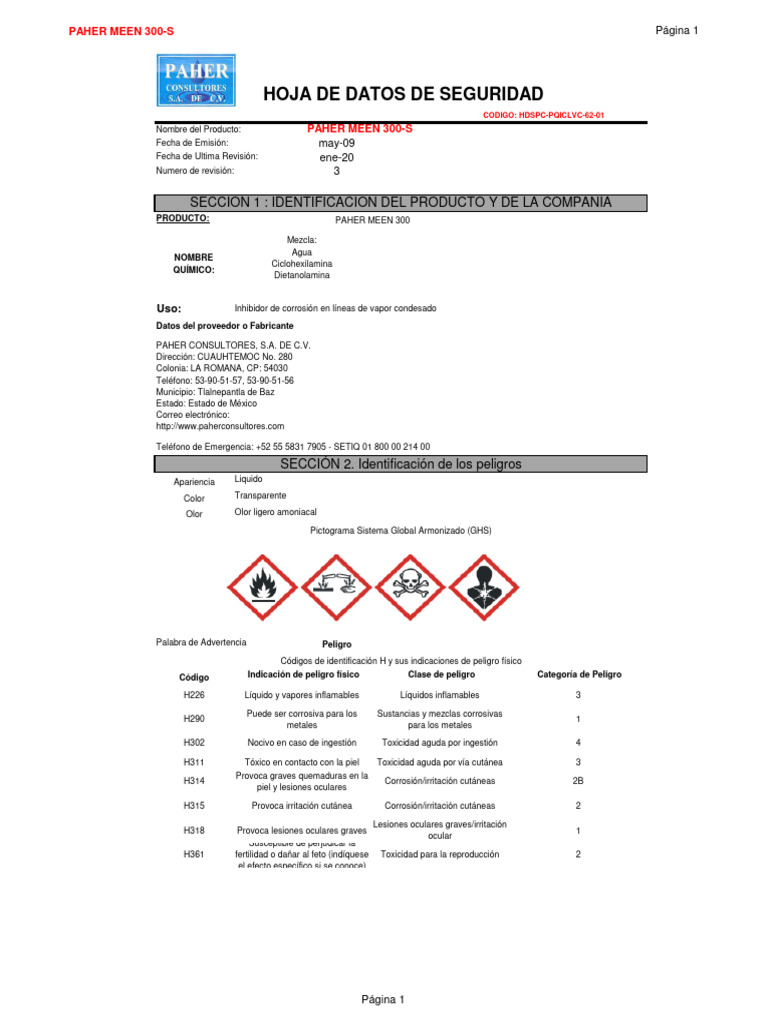 Hoja HDS Paher Meen 300-S | PDF | Agua | Toxicidad