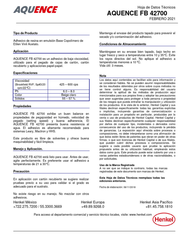 Aquence FB 42700 MX - Es Ver 2021 | PDF | Adhesivo