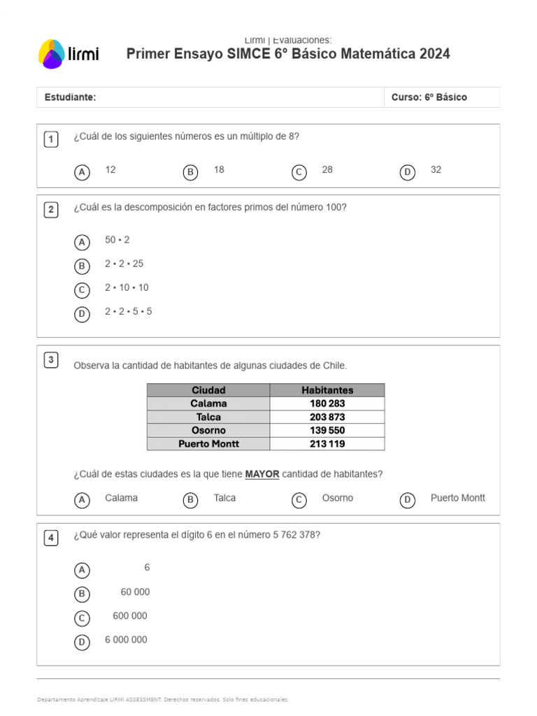 Primer Ensayo Simce 6 Basico Matematica 2024 5593865 | PDF | Triángulo