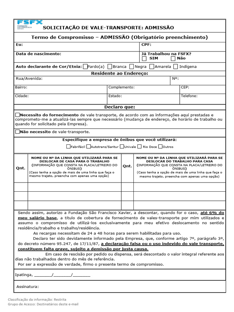 Formulário Solicitação Vale-Transporte Vale Do Aço | PDF