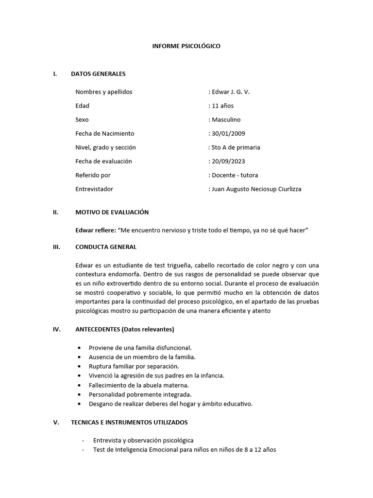Ejemplo Informe Psicológico | PDF | Las emociones | Comportamiento