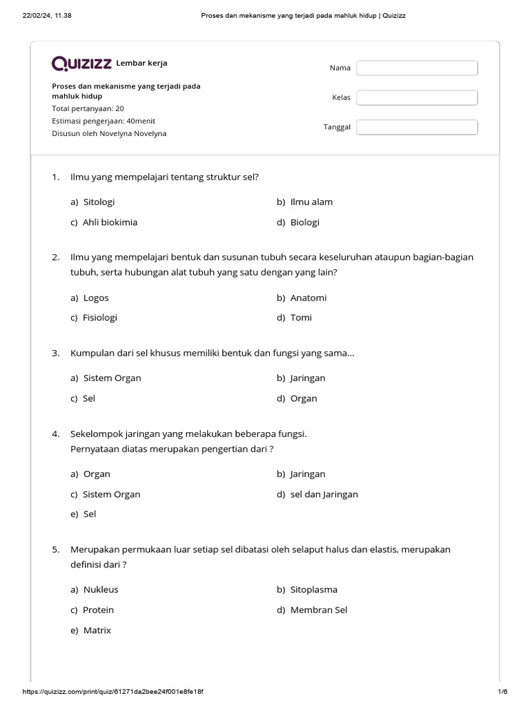 Proses Dan Mekanisme Yang Terjadi Pada Mahluk Hidup - Quizizz | PDF