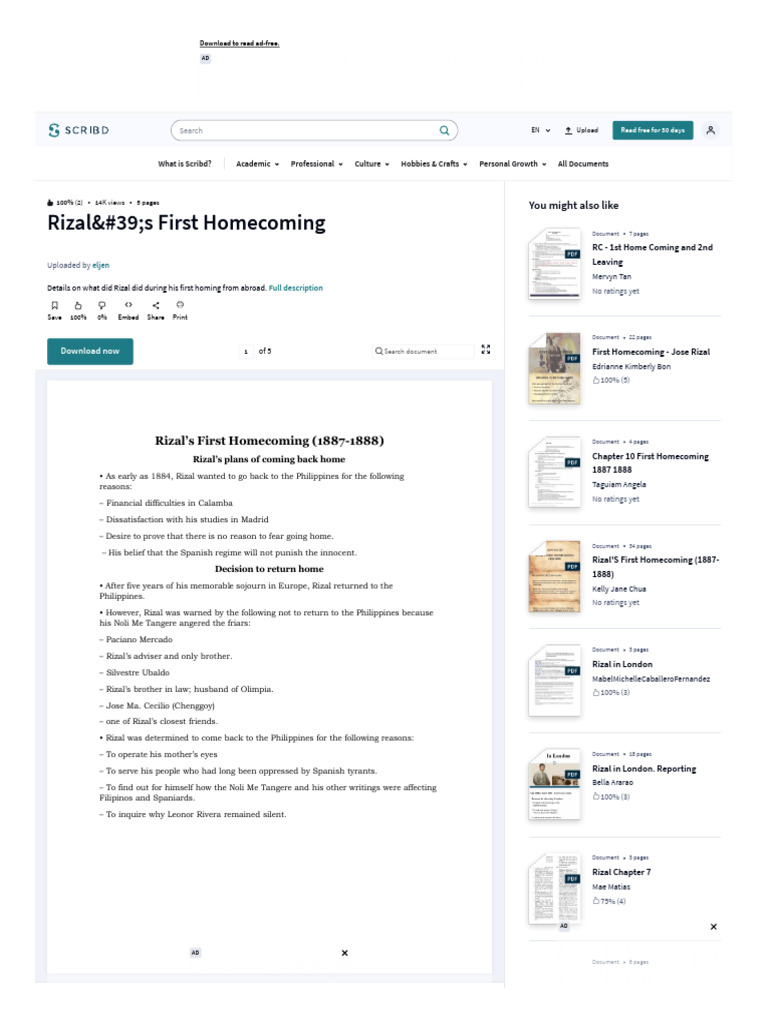 WWW Scribd Com Document 434564998 Rizal S First Homecoming | PDF