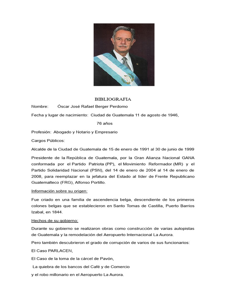 Biografía de Óscar Berger, Presidente 2004-2008 | PDF | Guatemala ...