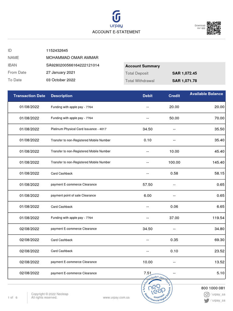 URPAY Bank Statement 1664895909630 | PDF | Credit Card | Apple Pay