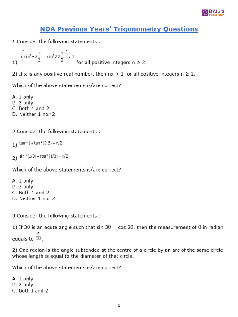 Trigonometry Pyqs Nda 18 | PDF | Angle | Triangle