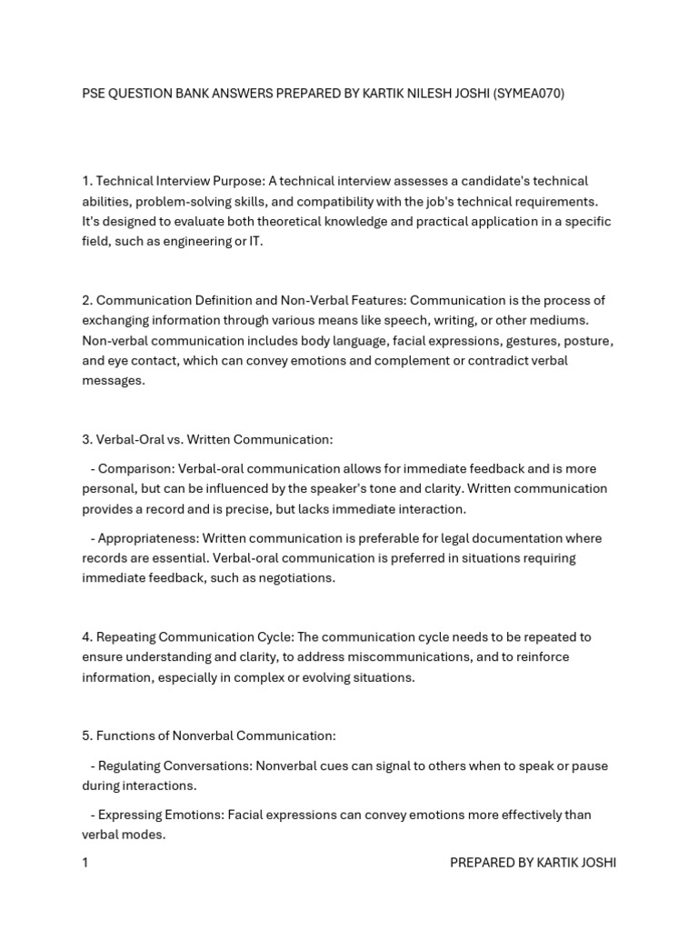 Pse Question Bank Answers | PDF | Communication | Nonverbal Communication