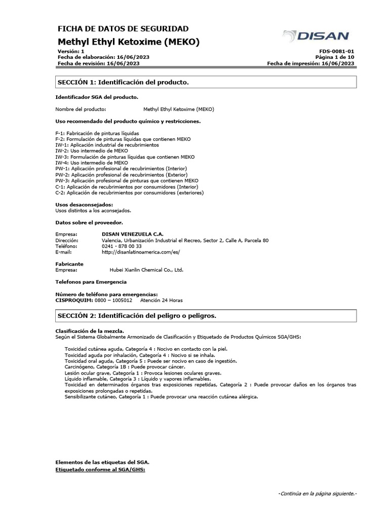 Methyl Ethyl Ketoxime (MEKO) - FDS - VE | PDF