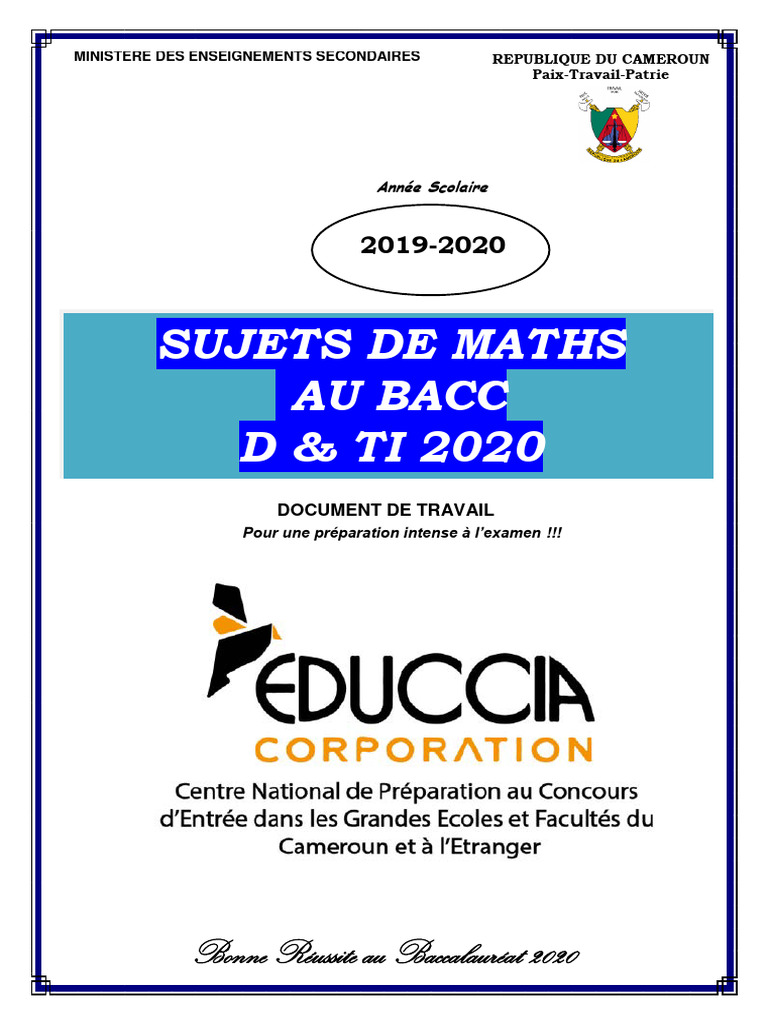 Sujets de Maths Bacc D & TI 2020 | PDF | Nombre complexe | Concepts ...