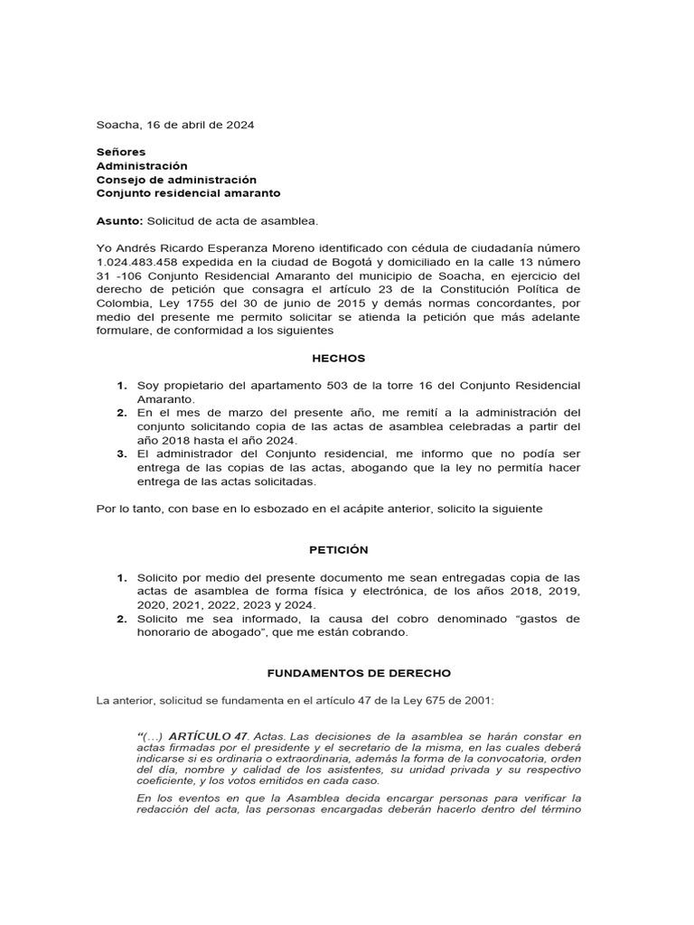 MODELO DERECHO DE PETICION SOLICITUD DE ACTAS | PDF | Gobierno
