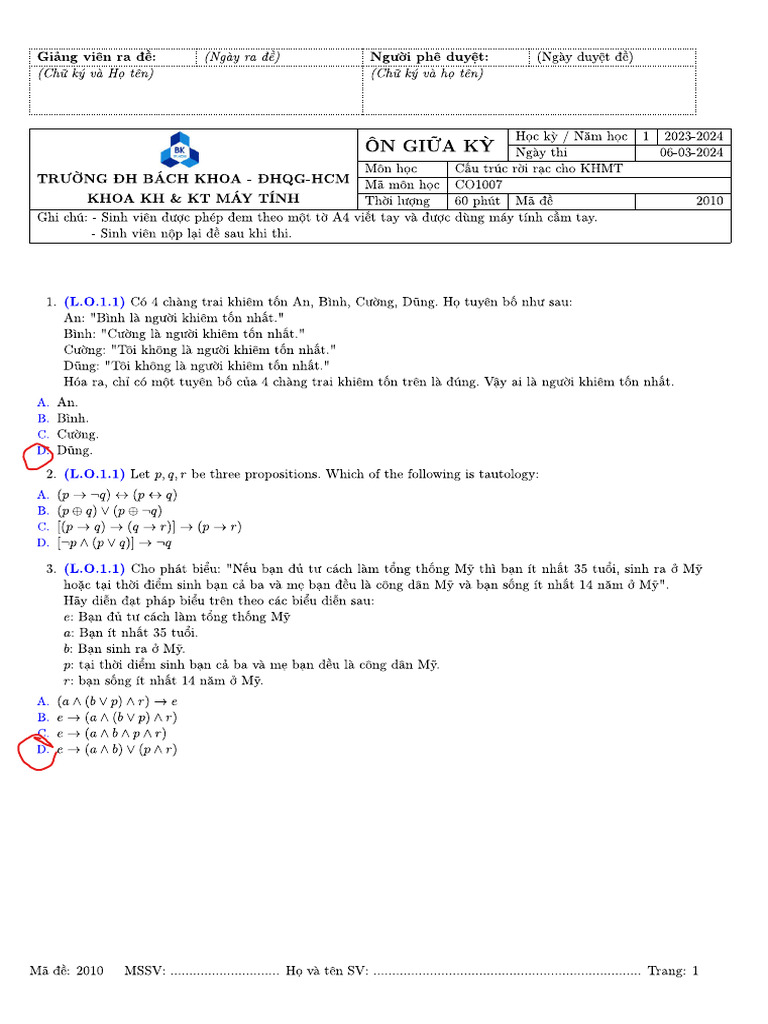 Review Midterm - Discrete - Structure (No Answer) | PDF