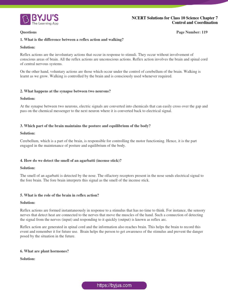 NCERT Solutions For Class 10 March 29 Science Chapter 7 Control and Coordination | PDF | Neuron ...