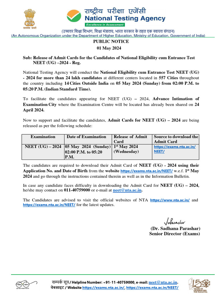 NEET (UG) 2024 Admit Card Release Notice | PDF | Academia | Schools