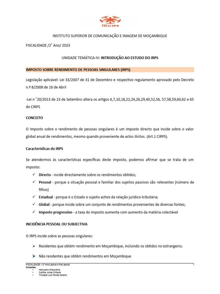 Cálculo do IRPS em Moçambique | PDF | Impostos | Renda