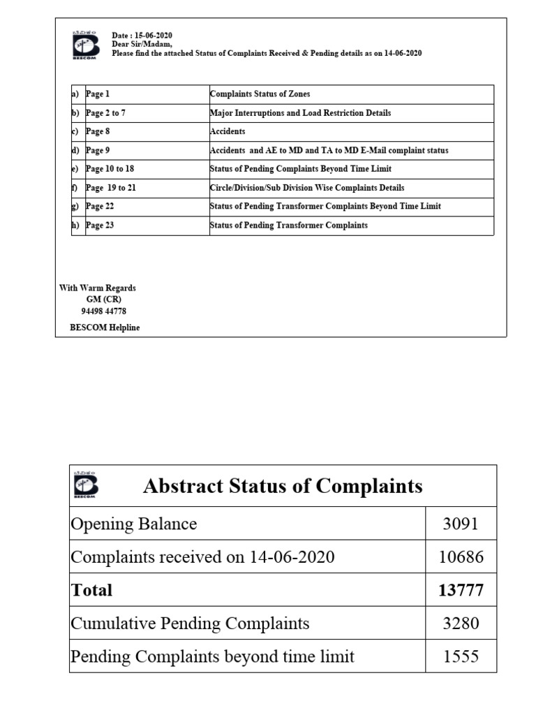 BESCOM Complaints Status Report 2020 | PDF | Electric Power | Electrical Engineering