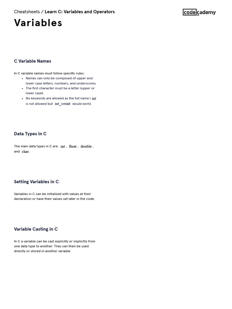 Learn C - Variables and Operators - Variables Cheatsheet - Codecademy | PDF | Computers