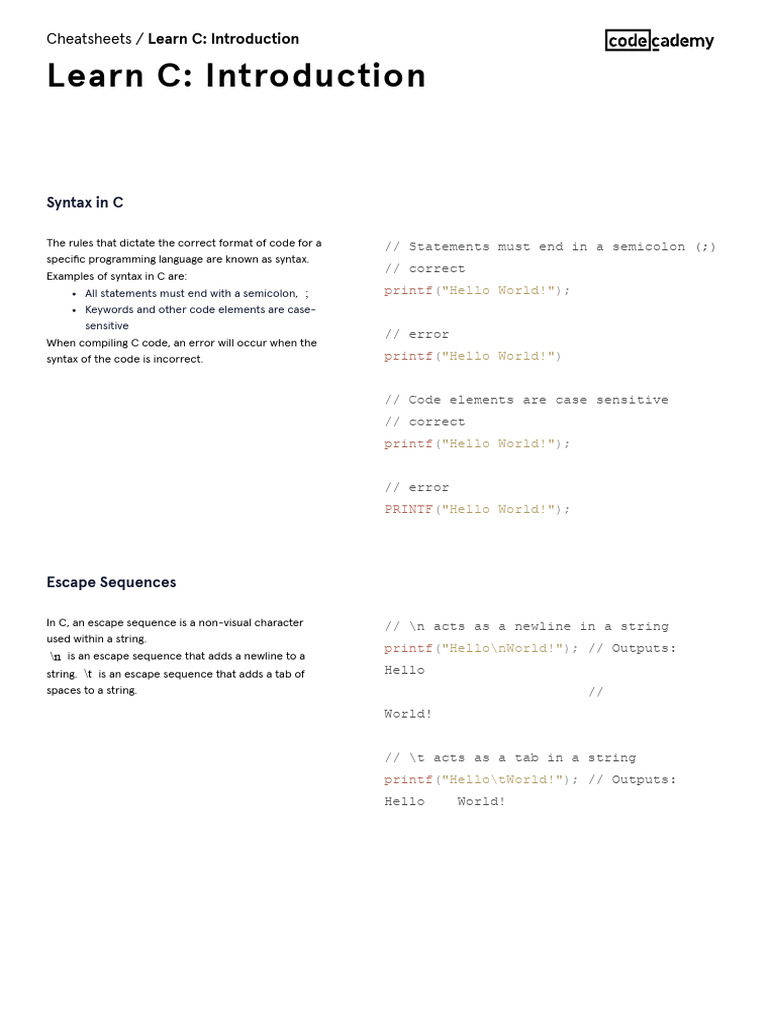 Learn C - Introduction - Learn C - Introduction Cheatsheet - Codecademy | PDF | C (Programming ...
