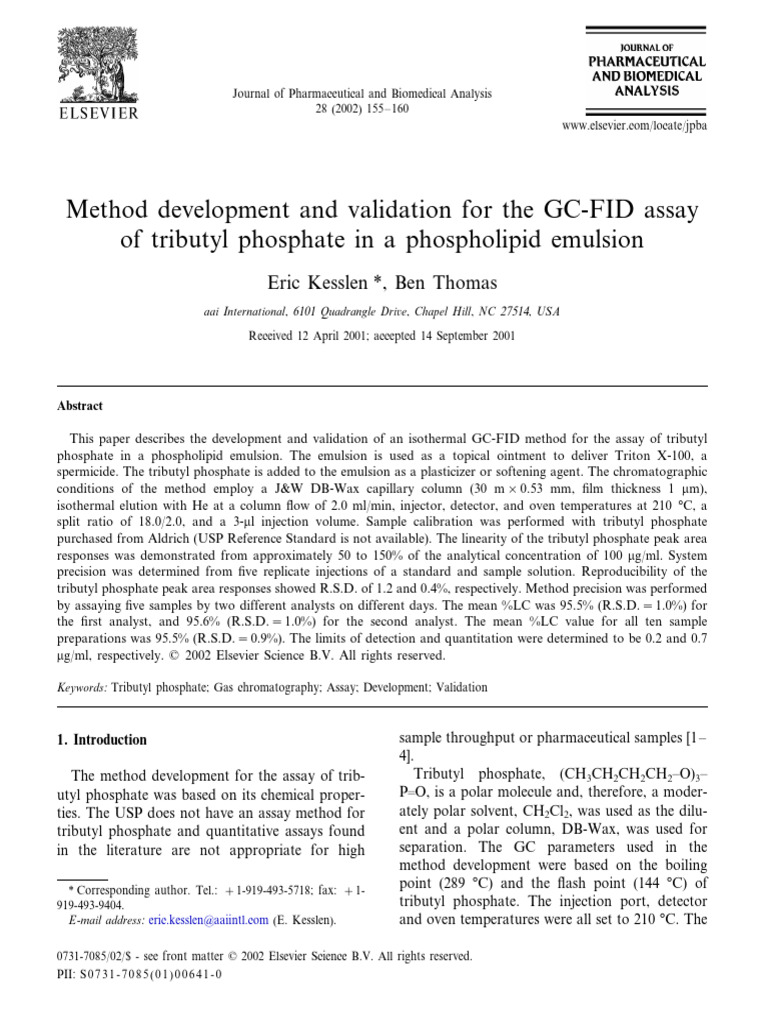 Method Development and Validation For The GC-FID Assay of Tributyl Phosphate in A Phospholipid ...