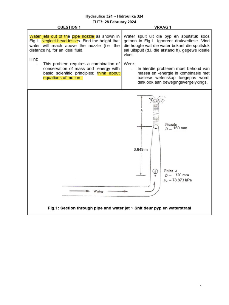 Tutorial 3 - Questions - Hydraulics 324 - 2024 - Sunlearn | PDF ...