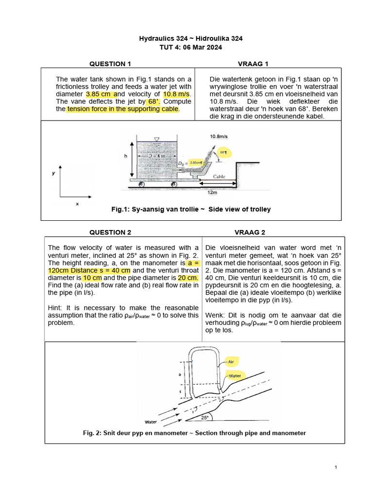 Tutorial 4 - Questions - Hydraulics 324 - 2024 | PDF