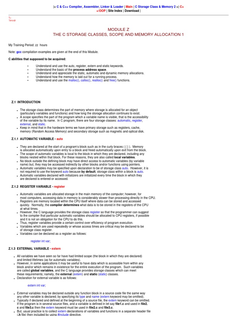 Module Z The C Storage Classes Scope And Memory Allocation 1 Pdf Pointer Computer 