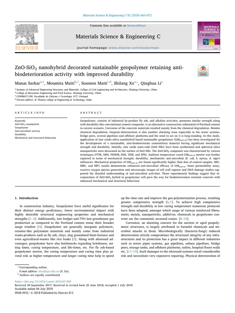 ZnO-SiO2 Nanohybrid Decorated Sustainable Geopolymer Retaining ...