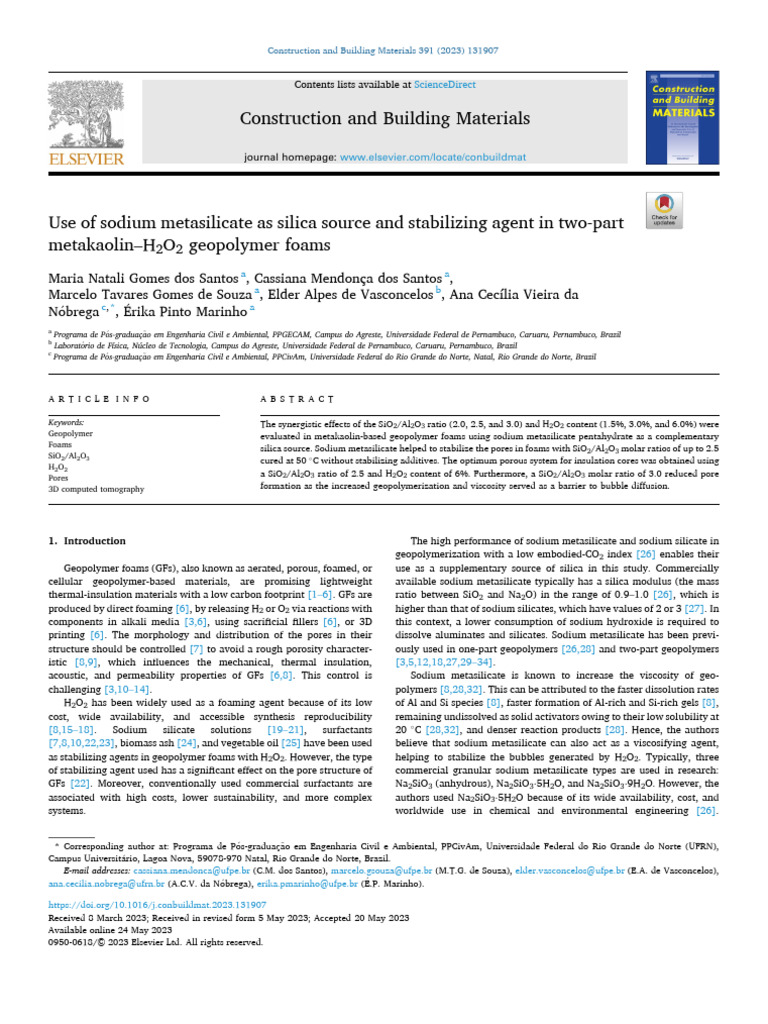 Sodium Metasilicate in Geopolymer Foams | PDF | Porosity | Silicon Dioxide