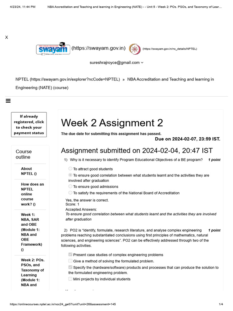Week 2 Assignment 2: Assignment Submitted On 2024-02-04, 20:47 IST | PDF | Learning | Science