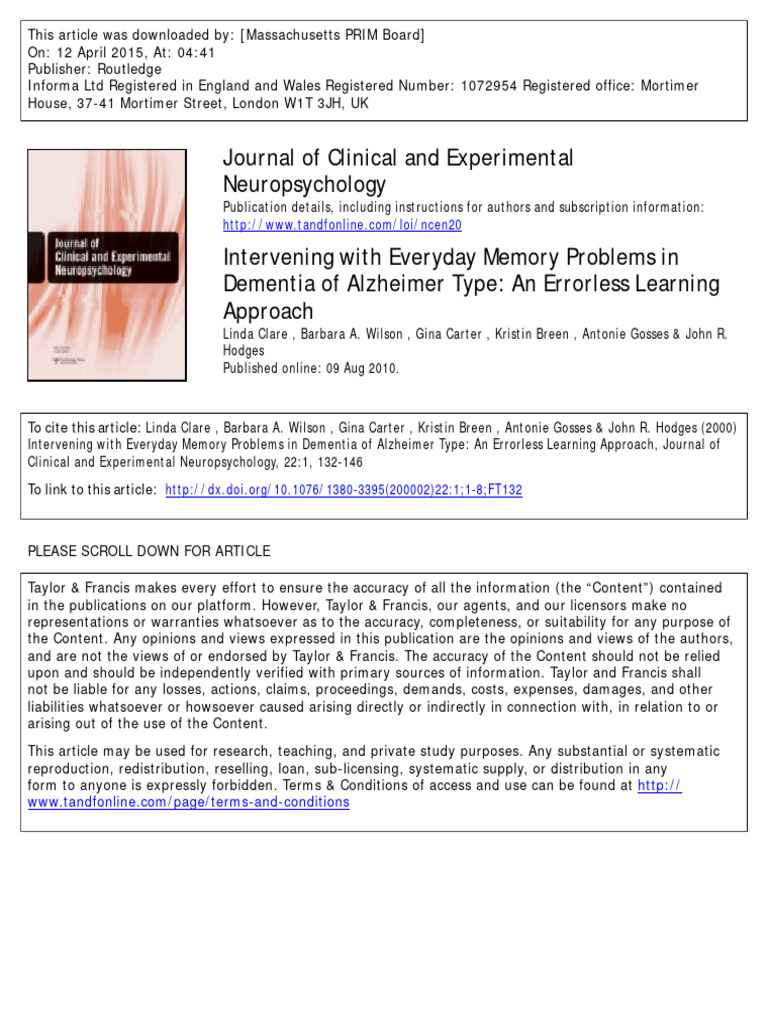 Intervening With Everyday Memory Problems in AD - Errorless Learning ...