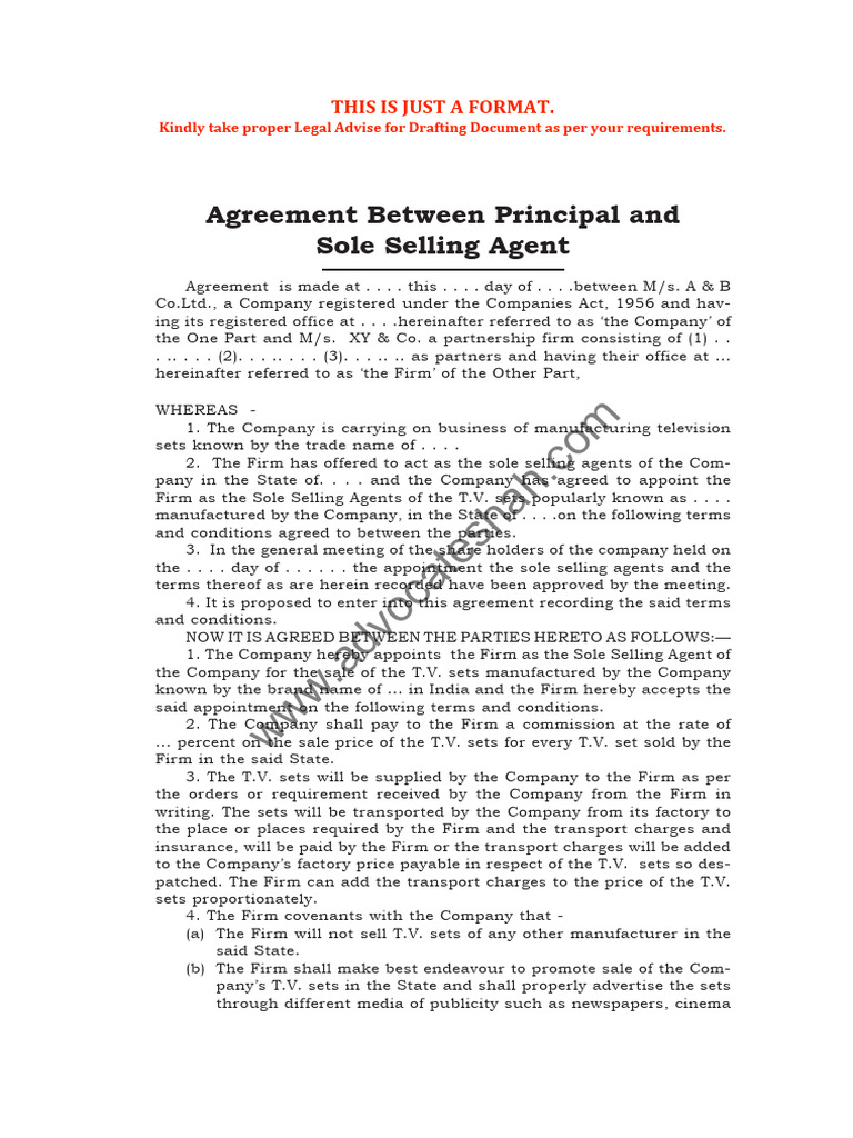 Agreement Between Principal and Sole Selling Agent | PDF | Prices ...