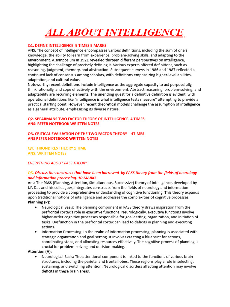 Important Q&a All About Intelligence | PDF | Wechsler Adult ...